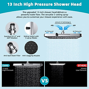 Hibbent Rain Shower Head, 13'' High Pressure Rainfall Square 5 Spray Mode Showerhead with 16" Shower Head Extension Arm, Solid Brass Adjustable Shower Arm Extender, Waterfall fixed Showerheads, Chrome