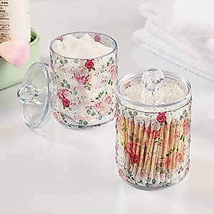 Coikll Romantic Pink Red Rose Qtip Holder with Lid 2PCS Apothecary Jars Storage Containers, Clear Plastic Canister for Cotton Swab,Floss Picks, Cosmetics