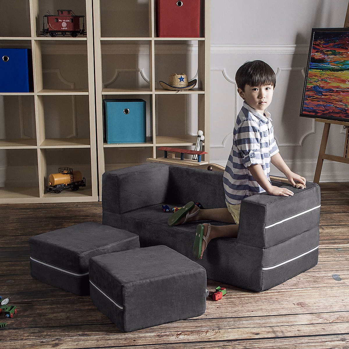 Jaxx Zipline Modular Kids Loveseat & Ottomans/Fold Out Lounger, Charcoal