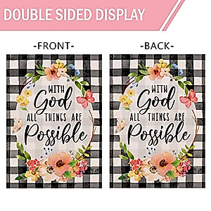 Furiaz With God All Things are Possible Easter Religious Small Decorative Garden Flag, Spring Inspirational Faith Yard Buffalo Plaid Check Outside Decoration, Summer Outdoor Decor 12x18