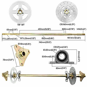 YC Yier 29" Go Kart Rear Live Axle Kit, 6" Complete Wheels Tires, T8F Sprocket, 3 Stud Hubs, Brake, Front Steering Wheel Gear Rack Shaft Assembly for DIY Drift Trike Parts ATV Quad Buggy Tricycle