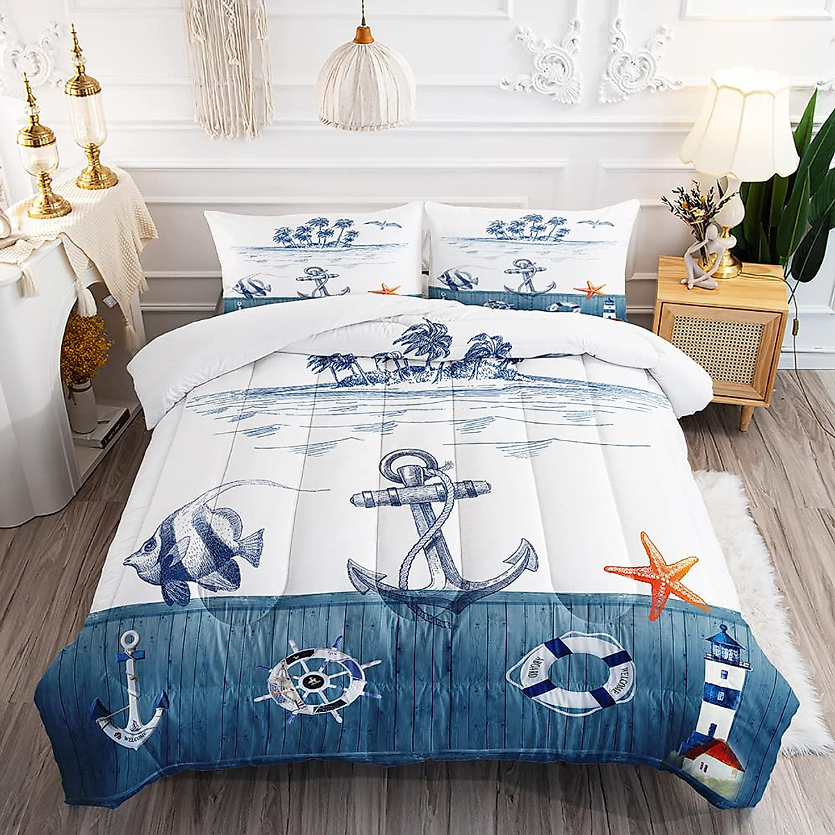 Suncloris Nautical Sailboat Comforter Set for Kids and Adults, Queen Size Anchor Rudder Themed Bedding Comforter with 2 Coastal Ocean Plant Patterned Pillowcases - 90"x90" (Queen, Dark Blue)