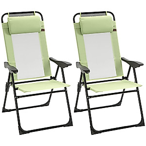 Outsunny Folding Patio Chairs Set of 2, Outdoor Deck Chair with Adjustable Sling Back, Camping Chair with Removable Headrest for Garden, Backyard, Lawn, Green