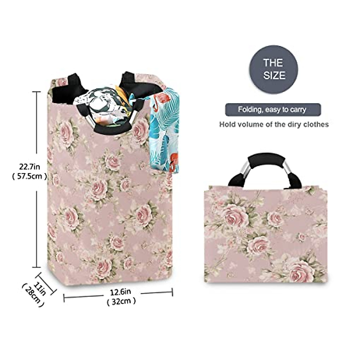 MNSRUU Laundry Bag with Handles, Pink Rose Flower Foldable Collapsible Laundry Basket Hamper for Laundry Room Decor and Accessories Bathroom Organization and Storage