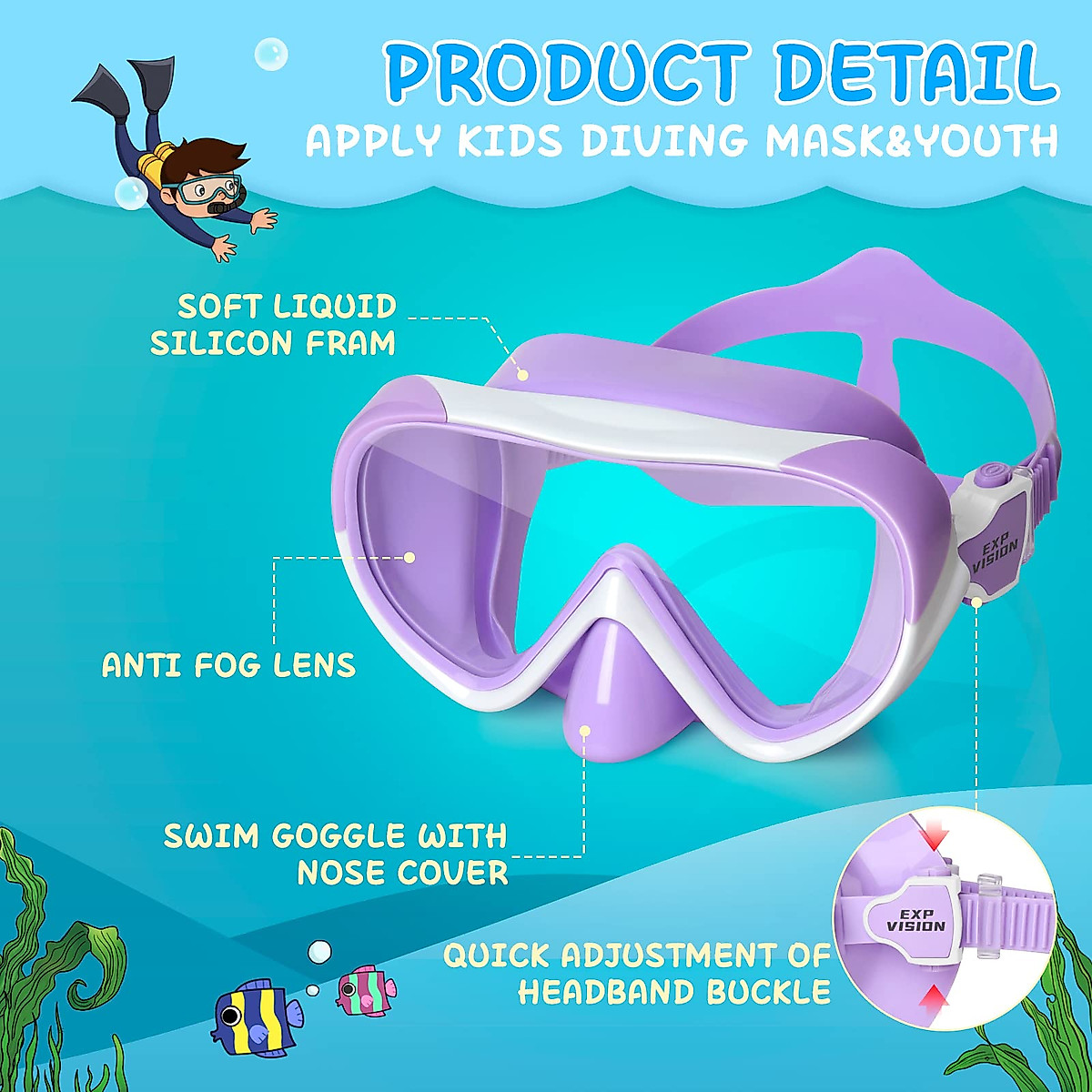 Kids Swim Mask 180° Snorkel Diving Mask, Anti-Fog Child Swim Goggles with Nose Cover No-Leak Swimming Goggles Anti-Shattered Lens for Youth 4-15 (Purple)