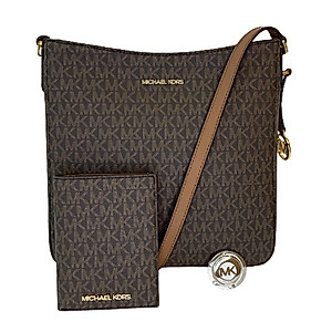 Michael Kors MICHAEL Michael Kors Jet Set Travel Large Messenger Crossbody bundle with Passport Case Purse Hook (Signature MK Brown)