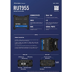 Teltonika RUT955K031Y0 Model RUT955 Industrial Cellular Router; Dual SIM; 4G LTE (Cat 4), 3G, 2G Connectivity; for use with Verizon; Auto Failover; Auto APN; Up to 100 Wi-Fi Users