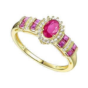 Tirafina Genuine Ruby and Diamond Ring, Alternating Design Of Genuine Gemstones and Diamonds, Center Stone Is Surrounded By Halo Of Diamonds, Gemstone Statement Ring, 14K Yellow Gold (Diamond 1/10 cttw)