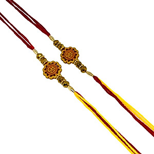 JAGMOR Set of 2 OM Rakhi Thread, Rakhi for Sister, Raksha Bandha Gift for Your Brother, Flower Om Pendant with Golden Beads and Rings Rakhi Thread
