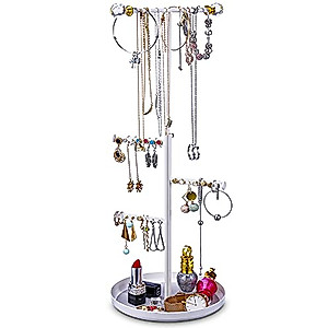 Keebofly Jewelry Tree Stand Organizer - Metal Necklace Organizer Display with Adjustable Height for Necklaces Bracelet Earrings and Ring White