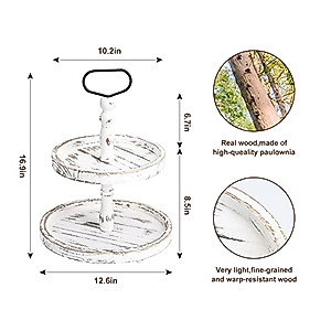 Farmhouse Wooden Decorative Two Tiered Trays+ Pu Leather Tray,Wood 2 Tier Serving Tray Stand for Rustic Table Centerpiece,Kitchen Decor,Coffee Bar, or Cupcake Stand (White)