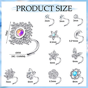 Ubjuliwa 12Pcs 20G Stainless Steel Nose Rings Stud for Women Screw L Shaped Nose Studs Cubic Zirconia Moon Star Snowflake Flower Butterfly Nose Piercing Stud