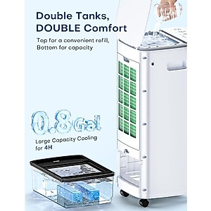 Evaporative Air Cooler, BALKO 3-IN-1 Windowless Swamp Cooler w/ 0.8 Gal Detachable Water Tank, 7H Timer & Remote, 4 Ice Pack, 70° Oscillation, Ductless Air Conditioner Portable for Room Indoor Office