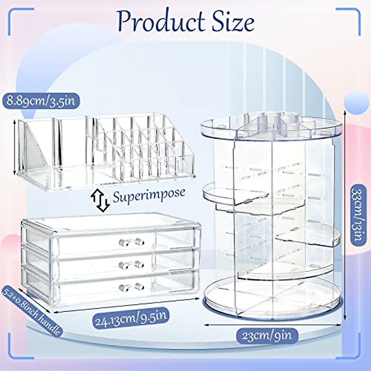 Maitys Set of 2 360° Rotating Makeup Organizer and Cosmetic Display Cases 3 Drawers Stackable Storage Box Adjustable Cosmetic Storage Display Case for Jewelry Accessories Lipsticks, Clear Transparent