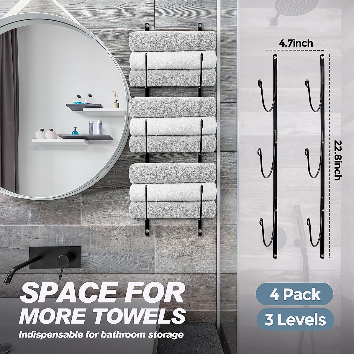 Skybooly 4 Pack Wall Mounted Towel Racks for Bathroom 3 Level Wine Rack Towel Holder Metal Bathroom Towel Storage Shelves Rolled Towel Organizer for Kitchen Bath Hand Towels Washcloths Linens, Black