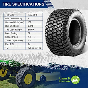 MaxAuto 16x7.50-8 16x7.5x8 Turf Saver Lawn Mower Tire 4PLY, Set of 2