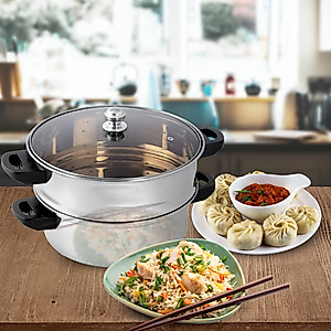 KSJONE Heavy Duty Stainless Steel 3 Piece Steamer Pot Set Includes 4 Quart Cooking Pot, 4 Quart Steamer Insert and Vented Glass Lid, Stack and Steam Pot Set for All Cooking Surfaces