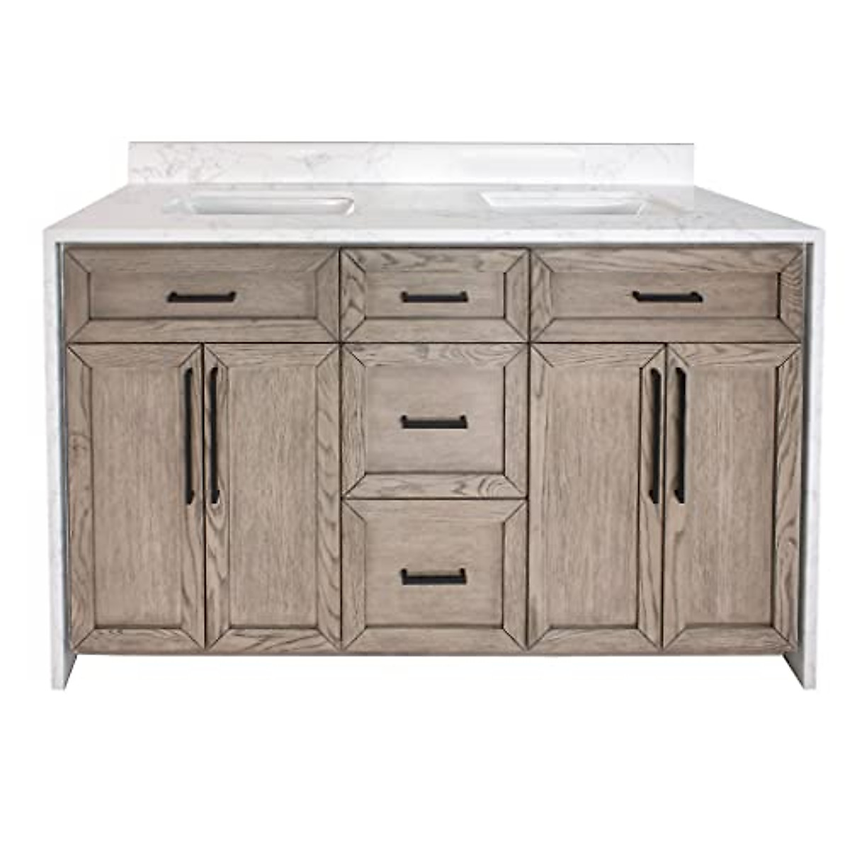 Kitchen Bath Collection Palisade 60-inch Double Bathroom Vanity (Engineered Marble/Gray Oak): Includes Gray Oak Cabinet with Engineered Marble Waterfall Countertop and White Ceramic Sinks