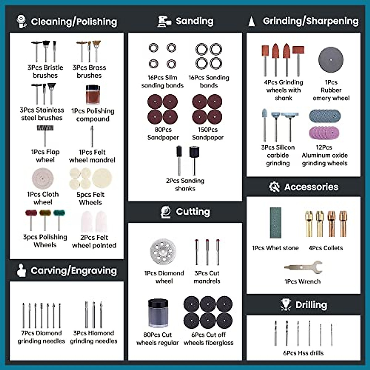 Tilswall Rotary Tool Accessories Kit 420pcs, 1/8", 3/32" and 1/16" Collets Shank Electric Grinder, Universal Fitment with Carrying Case for Cutting, Grinding, Sanding, Drilling, and Polishing