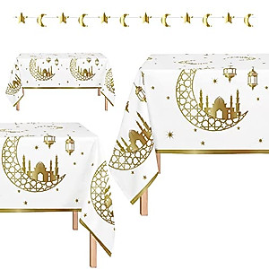 Oojami 3pk Ramadan Eid Mubarak Table Cover Includes 1 Crescent and Star Banner, Ideal for Ramadan and Eid (White)