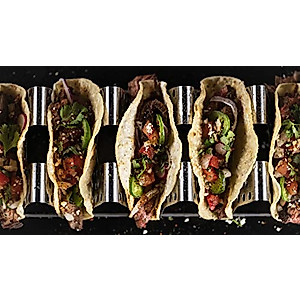 BLACKSTONE 5551 Deluxe Holder Stand Pack of 2 Stainless Steel Racks with Heat Resistant Handles-One Tray Holds 6 Tacos-Dishwasher Safe, Black/Silver