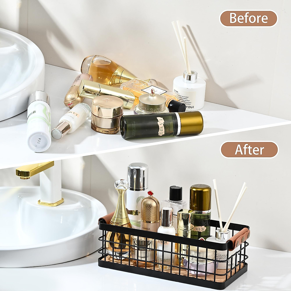 RoleDes Bathroom Organizer Small Metal Wire Storage Basket with Grip, Bathroom Decor Black Basket Wall Mount Organizer Detachable Wood Base Toilet Tank Basket for Bathroom, Vanity, Laundry Room