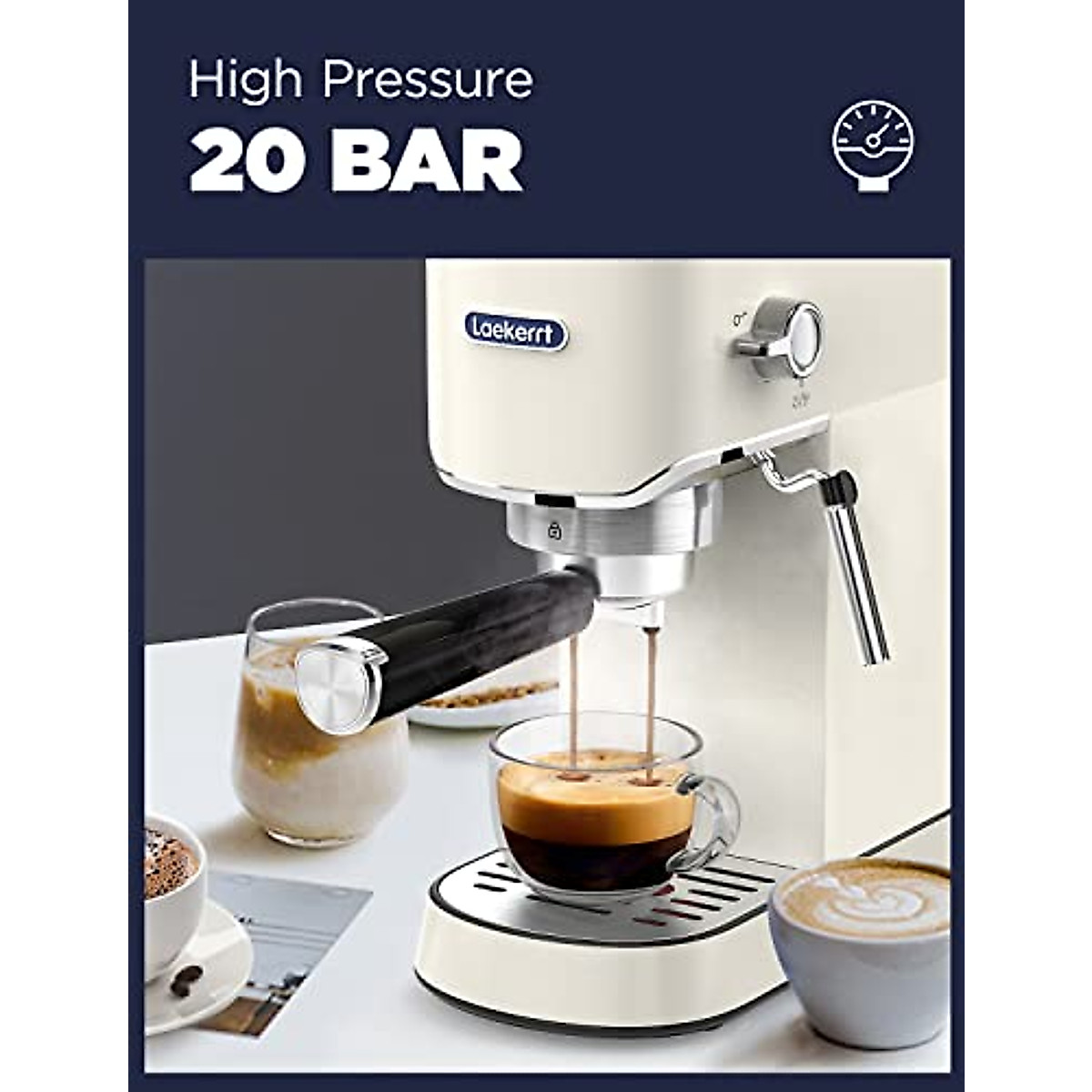 Laekerrt Espresso Machine 20 Bar Coffee Maker CMEP02 with Commercial Milk Frother Steam Wand, Compact Espresso Machine for Latte and Cappuccino (Pear White, Stainless Steel) Gift for Coffee Lovers