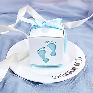 PH PandaHall 60 Sets Baby Shower Favor Boxes, Footprints Paper Gift Boxes Newborn Baby Folding Box with Ribbon for Gender Reveal Party Kindergarten Holiday Birthday Party Gift Favor, 2.4x2.4x2.4 Inch
