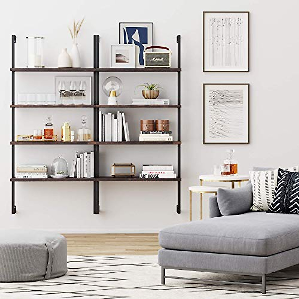 Nathan James Theo 4-Shelf Bookcase, Floating Wall Mount Shelves with Natural Wood and Industrial Pipe Metal Frame, Nutmeg/Black