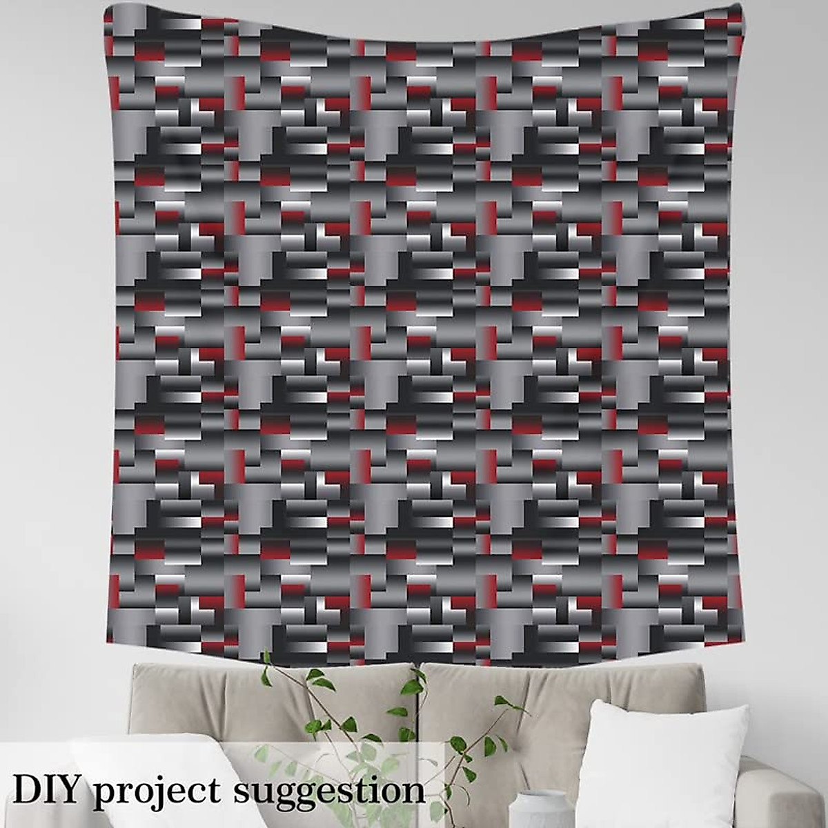 Red Gray Black Geometric Upholstery Fabric for Chairs, Modern Abstract Geometry Outdoor Fabric by The Yard, Square Rectangle Decorative Fabric for Upholstery and Home DIY Projects, 1 Yard, Red Gray