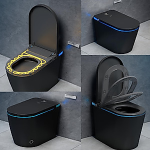 BONSAM Modern Black Smart Toilet with Automatic Open/Close Lid, One Piece Tankless Toilet with Bidet Built In, Heated Seat, Rear Wash, Front Wash, Warm Air Drying, Auto Flushing, Remote Control