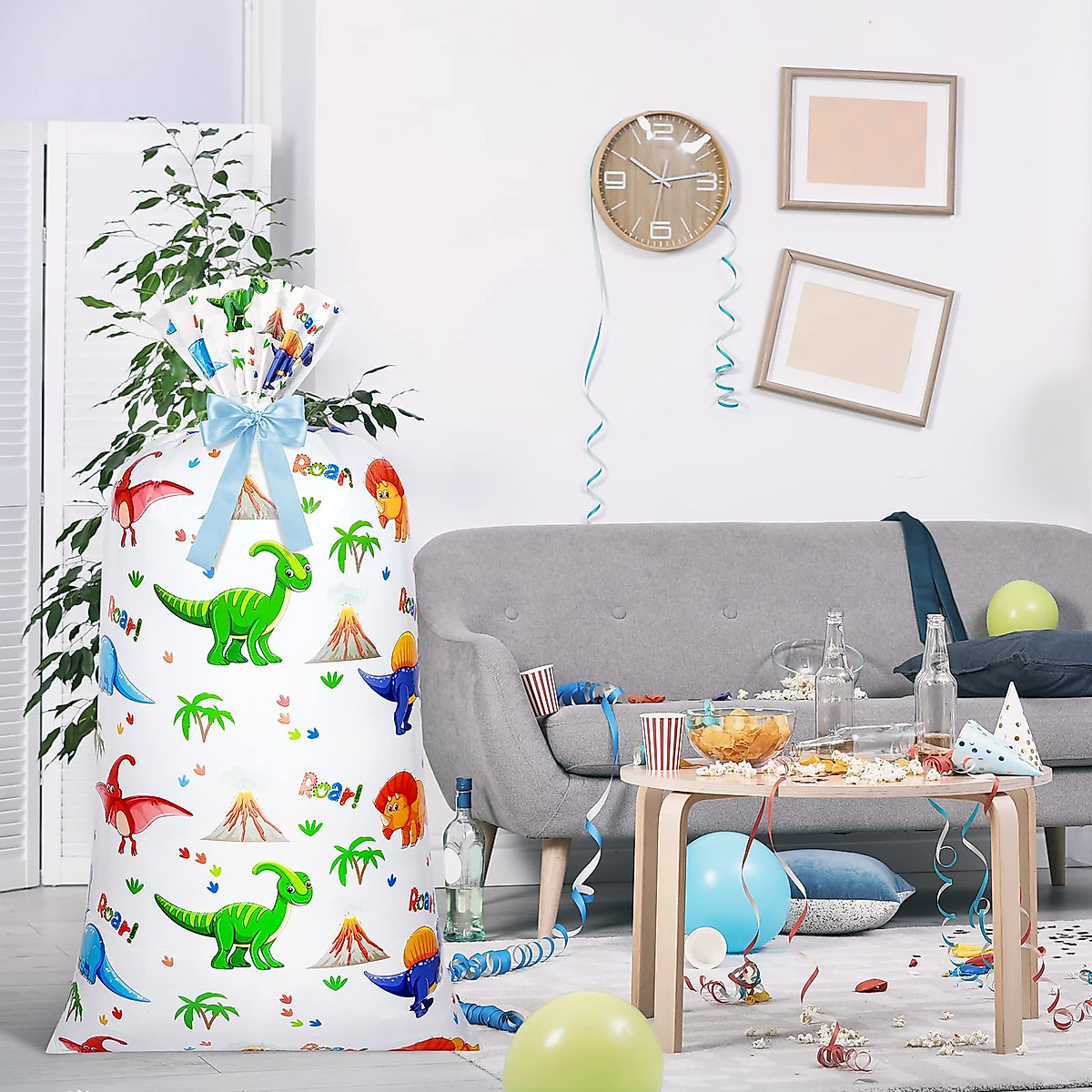 Teling 2 Pcs 70 x 40 Extra Large Jumbo Gift Bag for Giant Gifts, Extra Big Plastic Present Bag for Huge Gifts Wrapping Bags with 2 Rolls Ribbons for Birthday Party(Dinosaur Style)