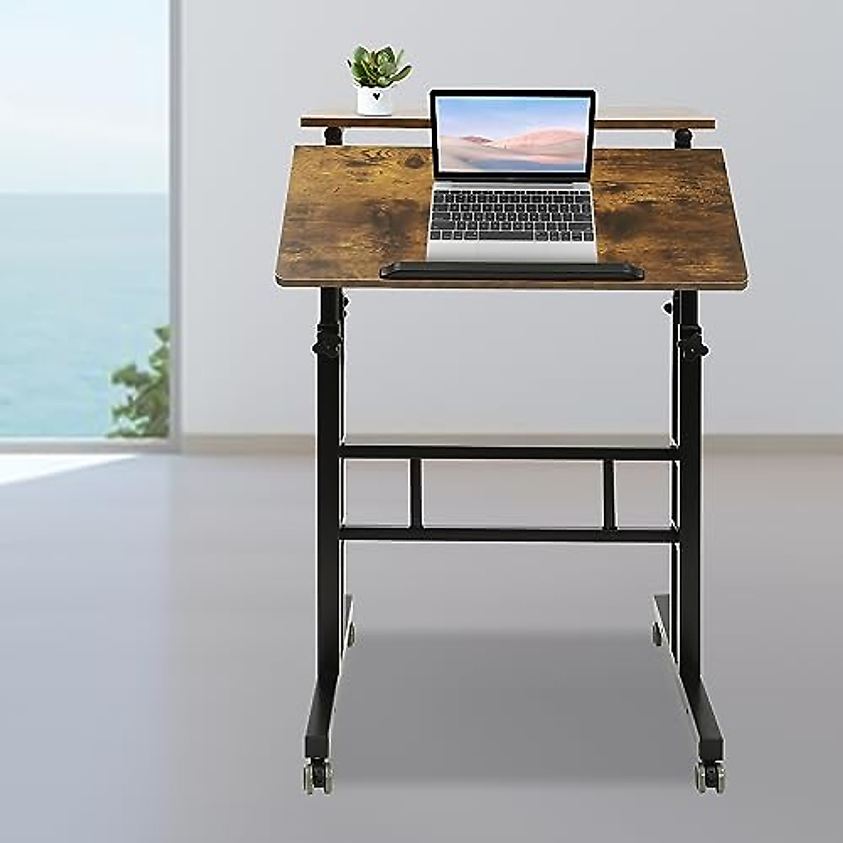 LOHISHILO Mobile Stand Up Desk Adjustable Laptop Desk with Wheels Storage Rolling Table Cart for Standing or Sitting, for Home Office Workstation, Iron-Brown, 27.5-45.3in