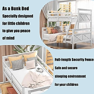 Heliosphere Twin Over Full Bunk Bed, Wooden Bunk Bed Frame with Safety Guard Rail & Ladder, Space-Saving Design/Noise Free for Teens Adults Bedroom, No Box Spring Needed (White)