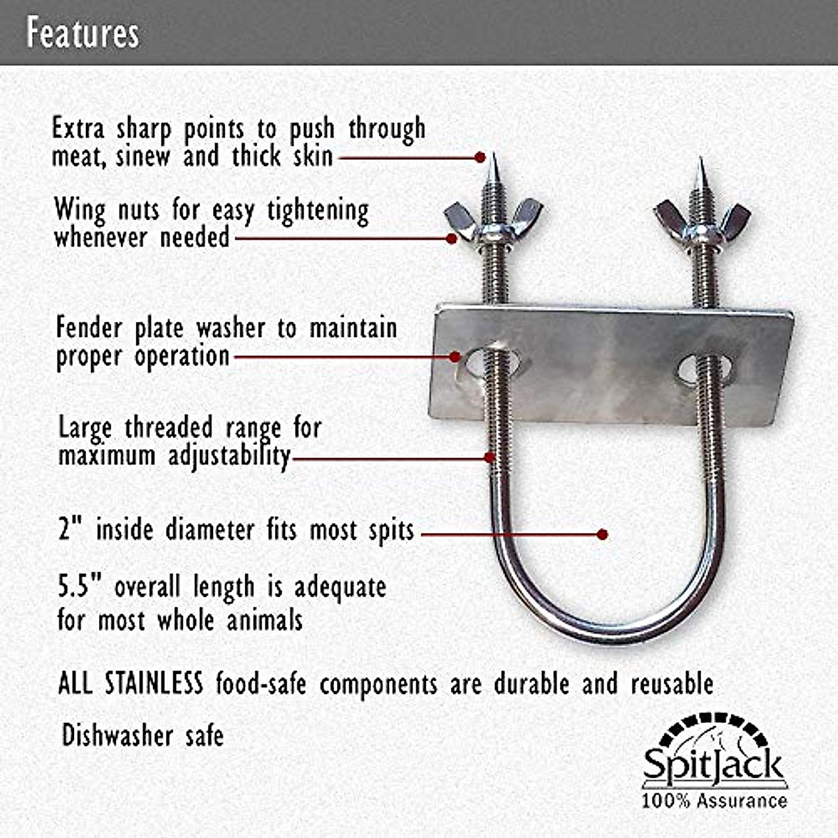 SpitJack Stainless Rotisserie Fork U-Bolt, 5.5 Inches Long Meat Trussing Accessories. 2 Inch Wide Spit Rod Capacity. Rotisserie Parts for Whole BBQ Pig, Hog, Lamb and Turkey. (2 Pack)