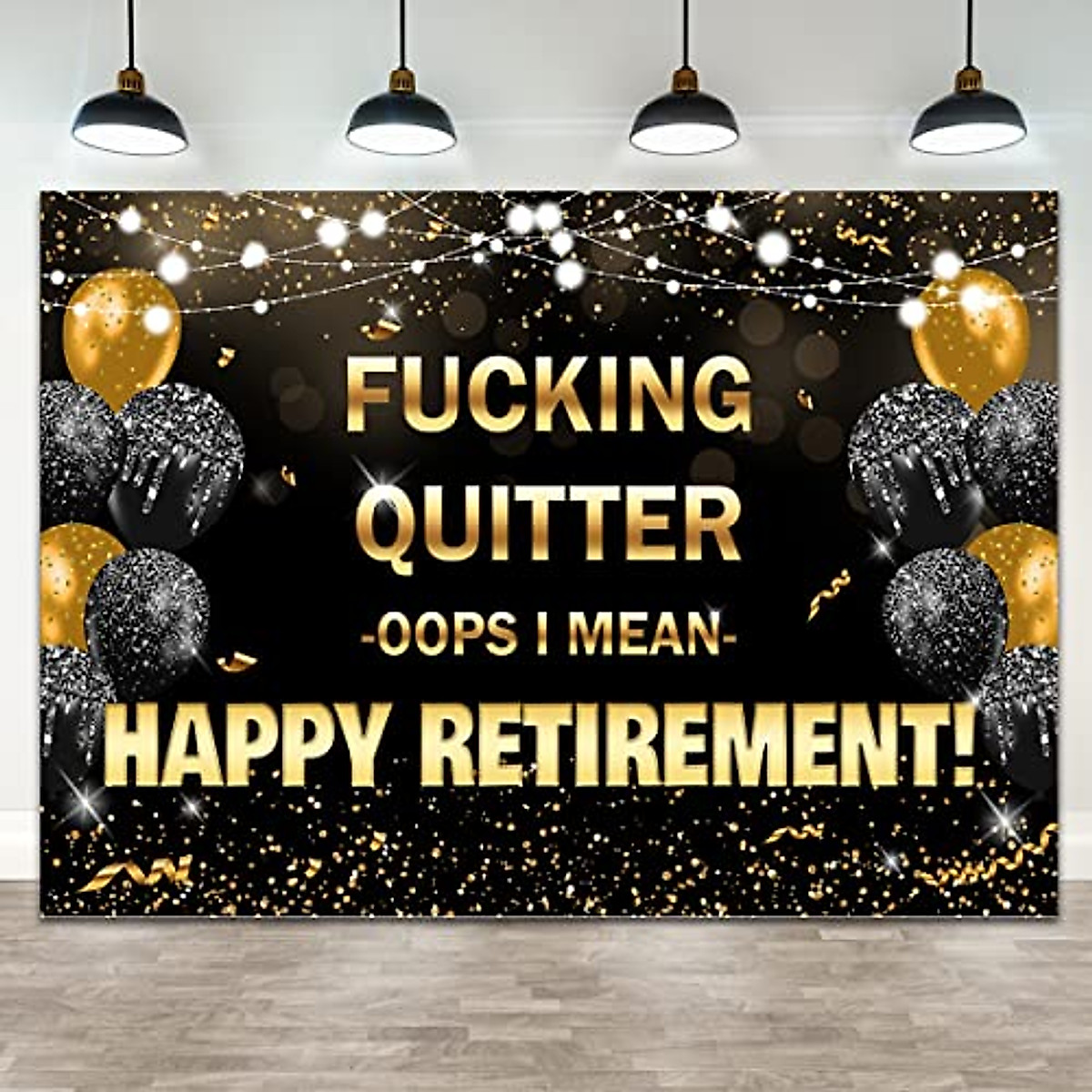 Wollmix Happy Retirement Party Decorations Banner Backdrop, 7x5ft Black and Gold Balloons Men Photography Background Congrats Golden Glitter Dots Sign Photo Booth Prop Cake Table Supplies