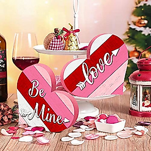 2 Pieces Valentine's Day Wooden Table Sign, Rustic Heart Shape Wood Love Sign Decor, Be Mine Romantic Home Centerpiece Freestanding Table Decoration for Home Wedding Anniversary Party Large Size