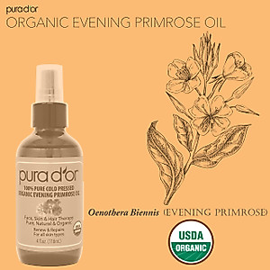 PURA D'OR Organic Evening Primrose Oil (4oz) 100% Pure Cold Pressed w/Natural Essential Fatty Acids & Antioxidant Rich - Moisturizes, Rejuvenates, Renews & Restores - Skin, Hair & Face