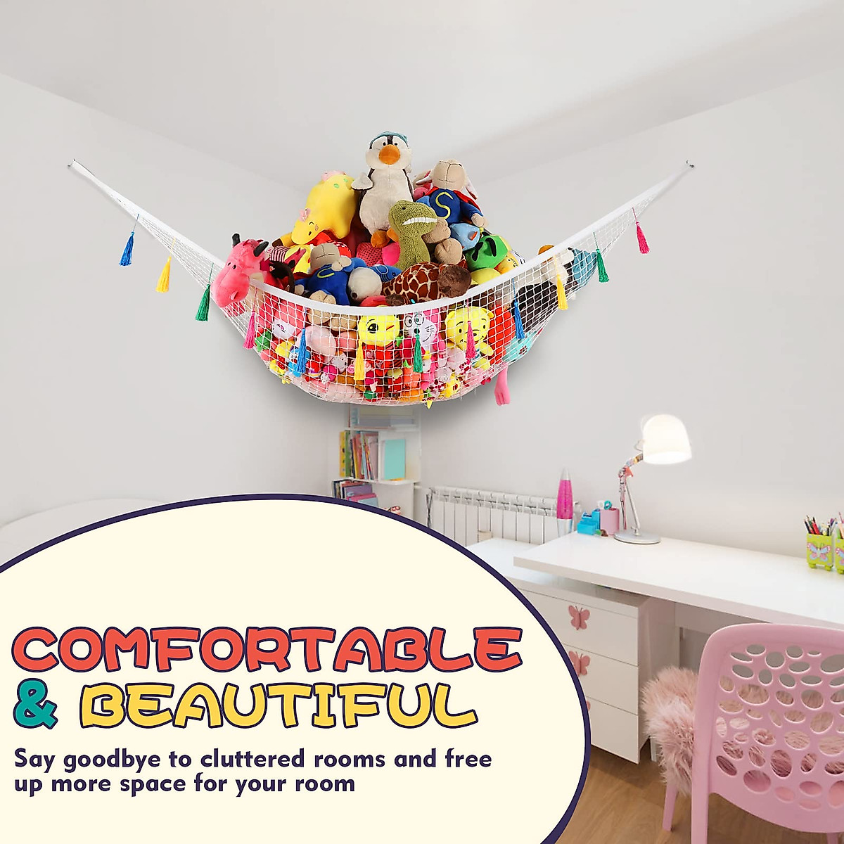 Stuffed Animal Net, Toy Storage Hammock, Premium Plush Hanging Stuff Animals Organizer, Mesh Pet Net with 12pcs Colorful Tassels for Nursery Play Room Bedroom Kid Room(Large, White)