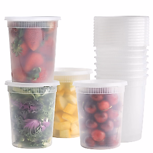 [24 Sets] 32 oz. Plastic Deli Food Storage Containers with Airtight Leak Proof Lids - Reusable - Microwave, Fridge, and Freezer Safe