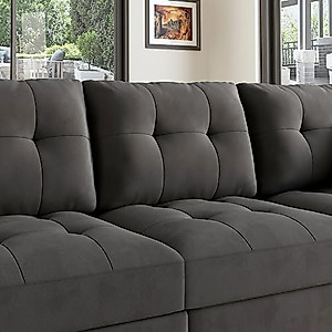 HONBAY Modular Sectional Sofa Velvet U Shaped Couch with Double Chaises 6 Seater Sectional Sofa with Storage, Grey
