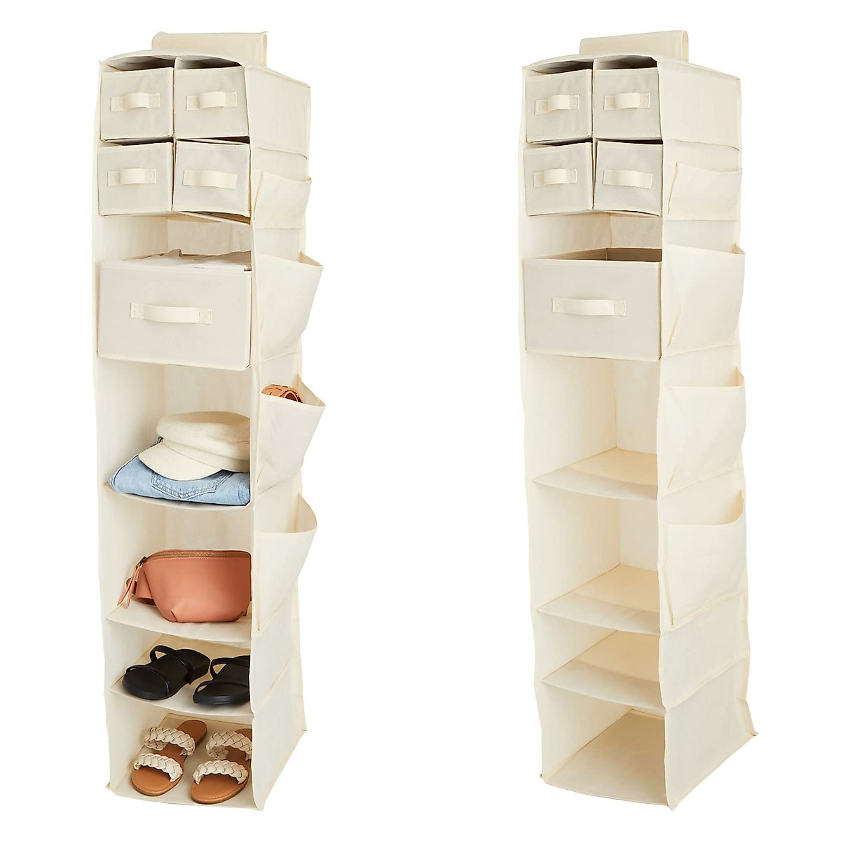 Juvale 2-Pack 7-Shelf Hanging Closet Organizer with 5 Drawers, 4 Shelves, and 4 Side Pockets, Foldable Non-Woven Cloth Storage for Bedroom and Hallway Closets (11.8x11.8x51 in, Beige)