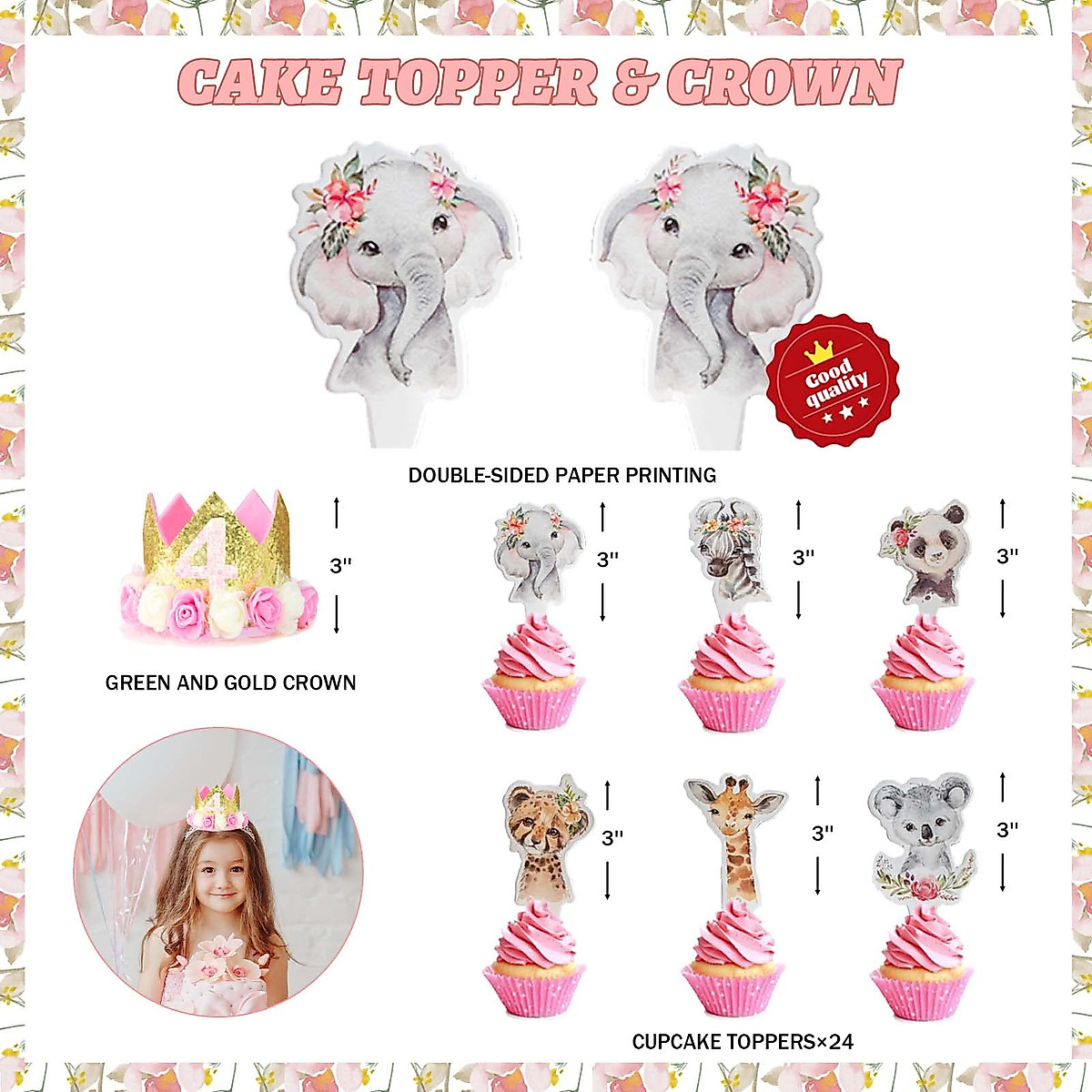 Fiesec Four Ever Wild Birthday Decorations Girl, Jungle Safari Animal Theme 4th Party Decorations Backdrop Balloons Garland Banner Cake Cupcake Topper Poster Crown Lion Cheetah Giraffe Pink 117 PCs