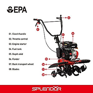 SPLENDOR 4-Cycle Gas Powered Tiller 79cc with Handle and Width Adjustable 24in