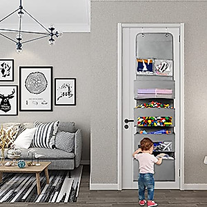 FGSAEOR 5-Shelf Over The Door Hanging Organizer, Closet Organizers and Wall Mount Storage with Clear PVC Window Pocket & 2 Hooks for Nursery Closet Storage, Pantry, Bedroom, Baby Diapers (1Pack-Grey)