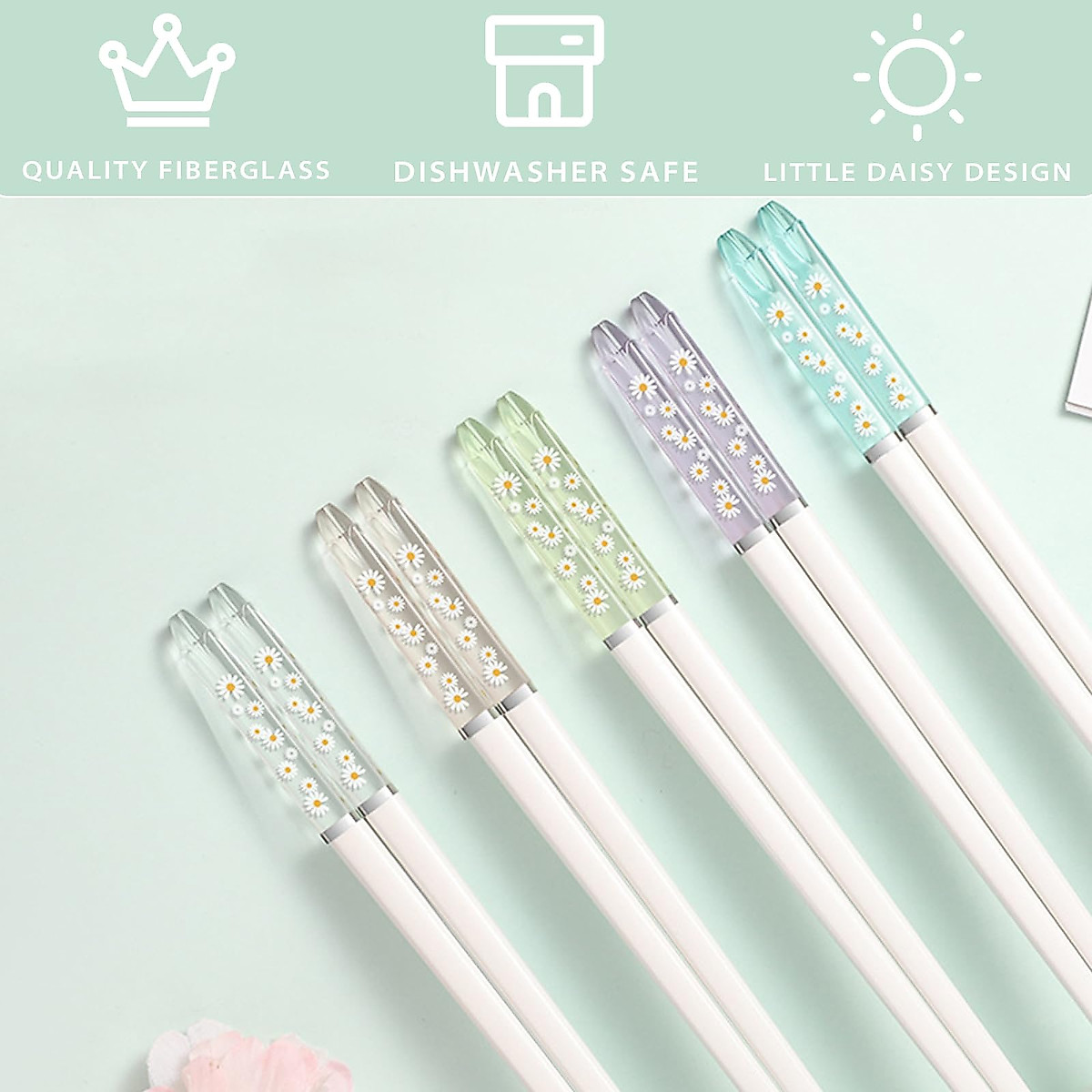 5 Pairs Chopsticks-Reusable Chopsticks Dishwasher Safe, 9.6 inch/24.3cm Matte Non-Slip Fiberglass Chop Sticks, Chinese/Japanese Korean Chop Stick Gift, Daisy Green