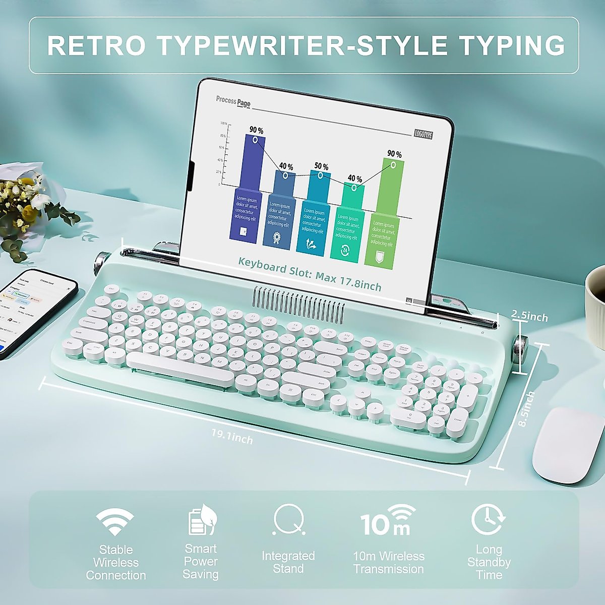 YUNZII ACTTO B503 Wireless Typewriter Keyboard, Retro Bluetooth Aesthetic Keyboard with Integrated Stand for Multi-Device (B503, Sweet Mint)