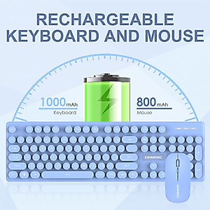 Wireless Keyboard and Mouse Combo, Retro Typewriter Keyboard Wireless 104 Keys Full Size with Silent Round Keycaps, Bluetooth 5.1 & 2.4G Wireless Dual Mode Rechargeable Compatible PC/Laptop/Mac (Blue)
