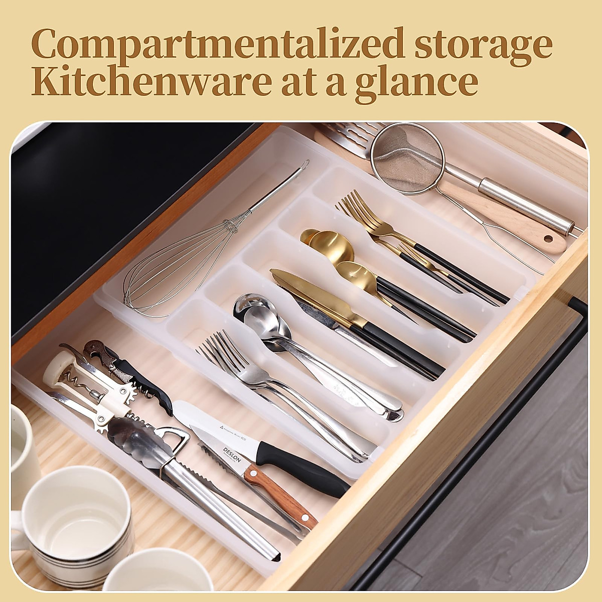 Stuozae Silverware Drawer Organizer, Expandable Utensil Tray for Kitchen, BPA Free Flatware and, pandable Utensil Tray for Kitchen Adjustable utensil drawer,With Expandable dividers