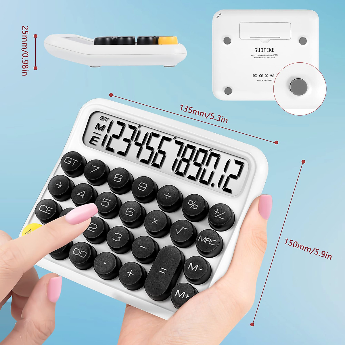 GUDTEKE Mechanical Switch Calculator, Pink Calculator Cute 12 Digit Large LCD Display Big Button Calculator Clear Standard for Daily and Basic Office,Automatic Sleep,with Battery